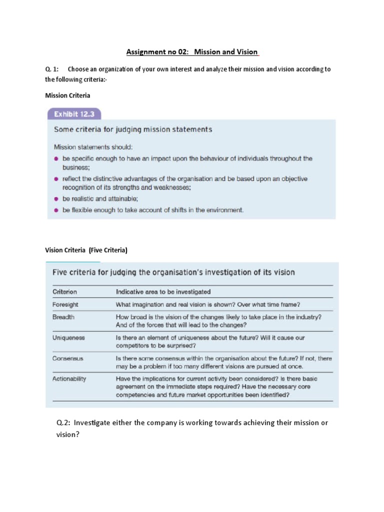 Mission and Vision and Framework Assignment | PDF