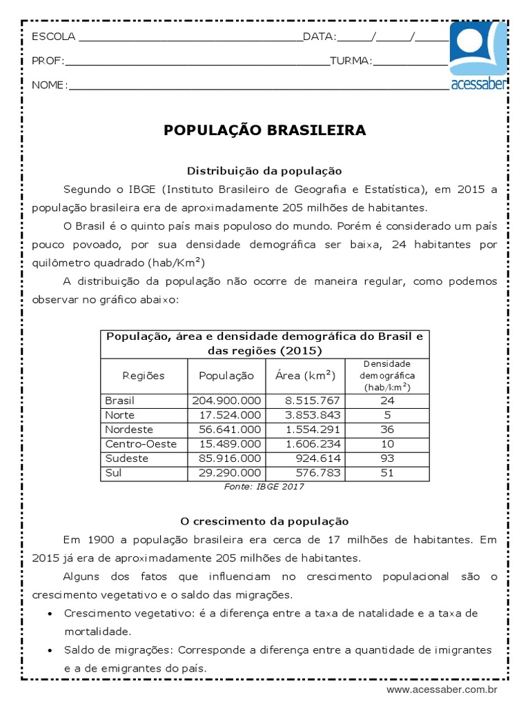 Atividade de Geografia Populacao Brasileira 5 Ano Respostas | PDF ...