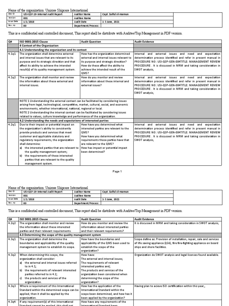 USI-QSF-19.1 - Internal AuditChecklist & Report | PDF | Audit | Auditor's Report