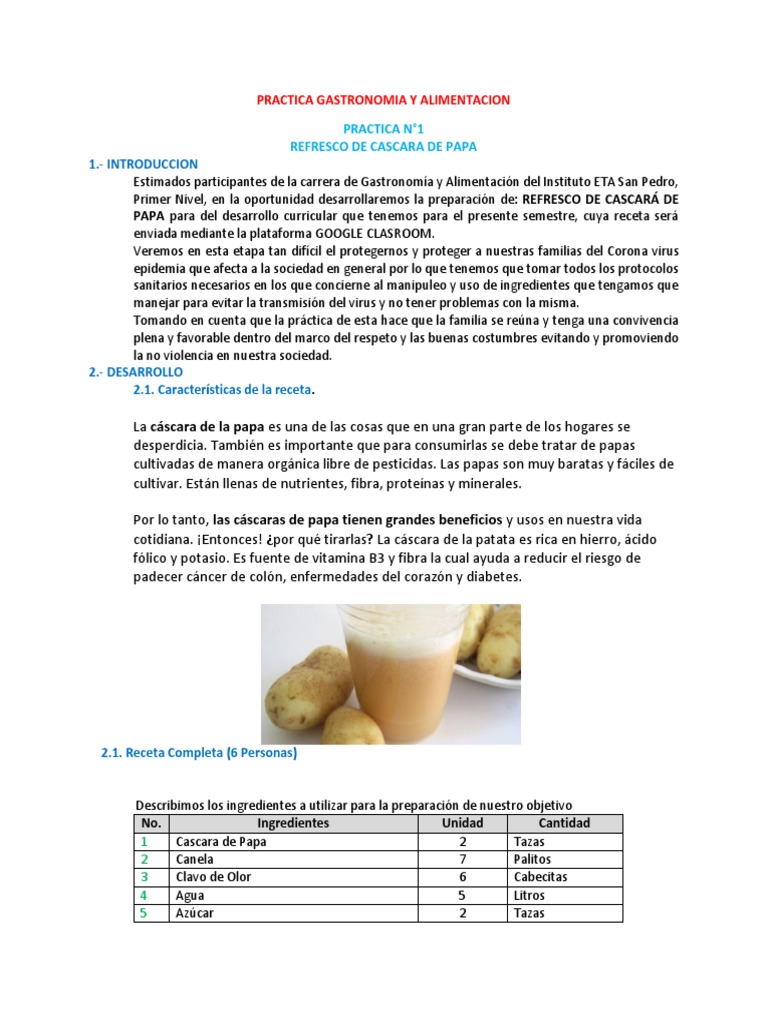 Practica N°1 Refrescos de Cascara de Papa | PDF | Patata | Alimentos