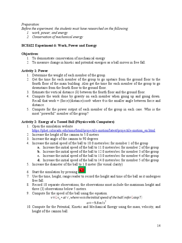 Bce622 Virtual Experiment 6 - Work, Energy, and Power | PDF | Force | Physical Quantities