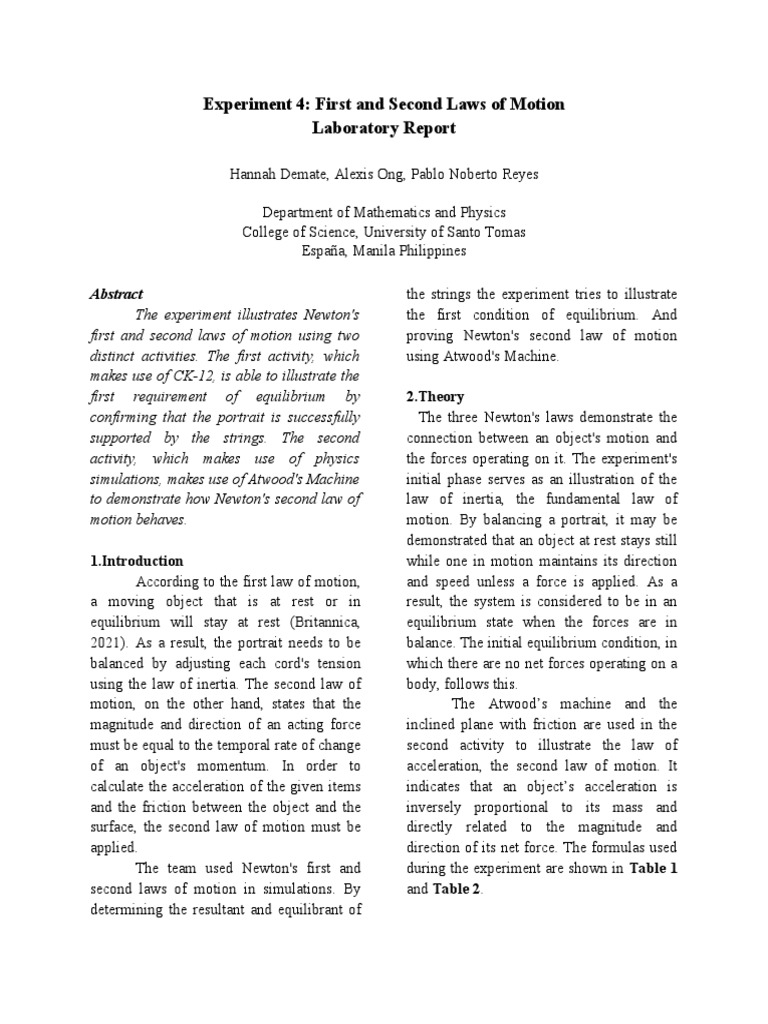 Experiment 4 - First and Second Laws of Motion Laboratory Report | PDF ...
