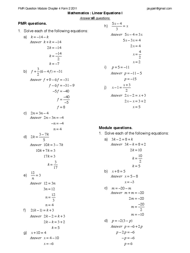 Solving Linear Equations for k | PDF | Equations | Teaching Mathematics