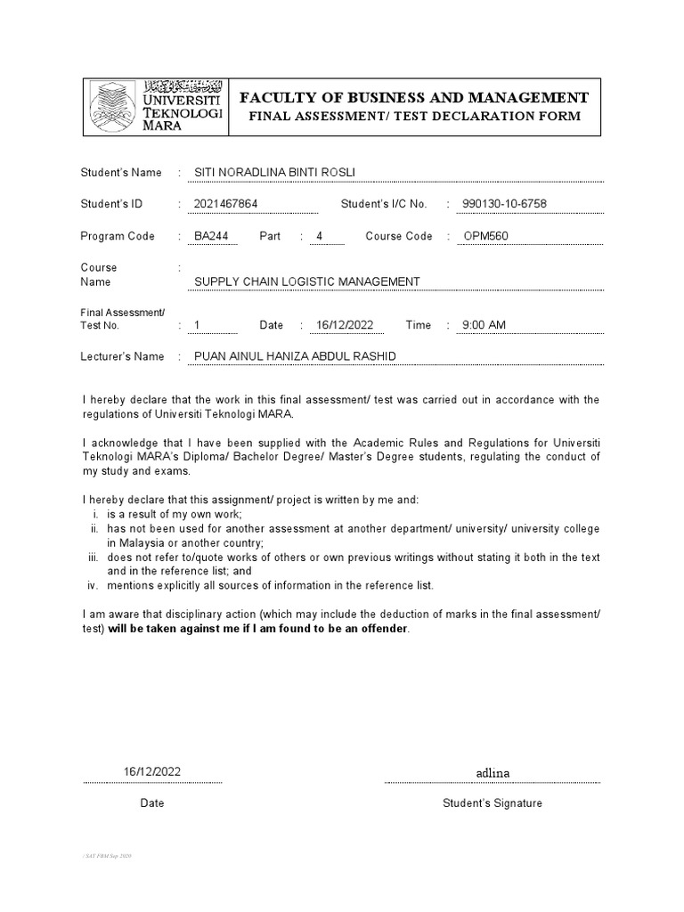 Final Assessment Test Declaration Form Fina Pdf