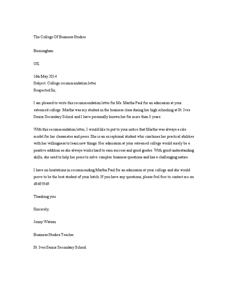 Letter of Recommendation For Student Admission | PDF