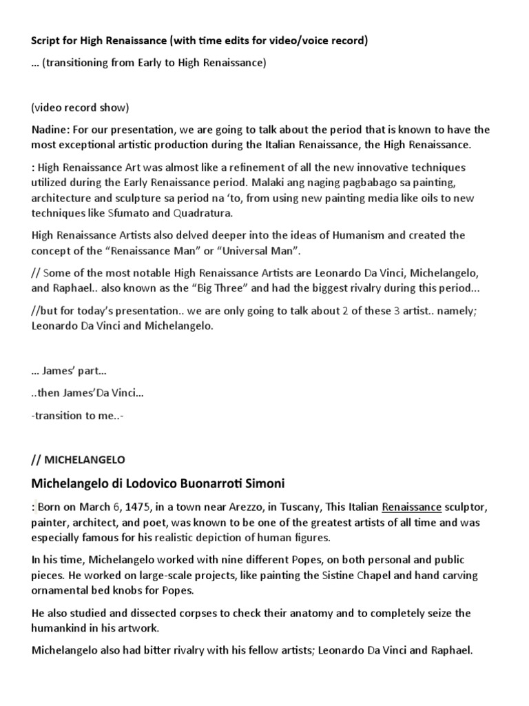 Script For High Renaissance Report | PDF | Michelangelo | Renaissance