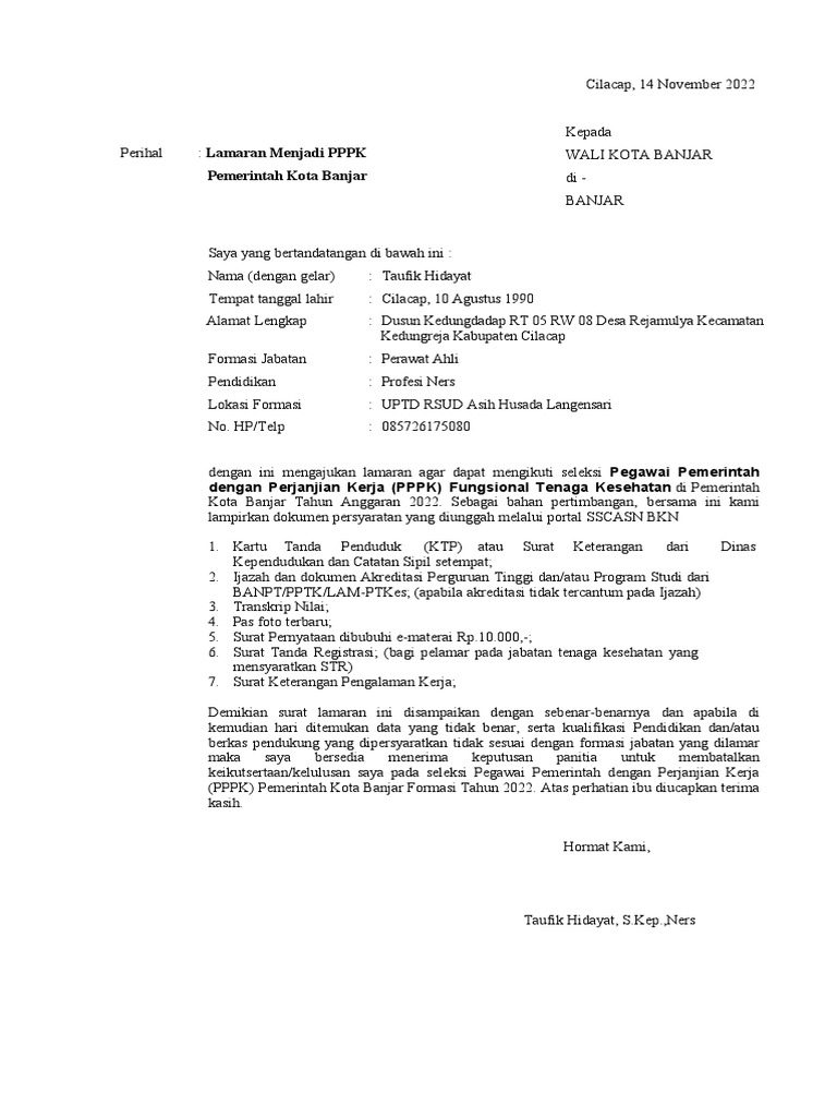 Lamaran PPPK Taufik Hidayat 2022 | PDF