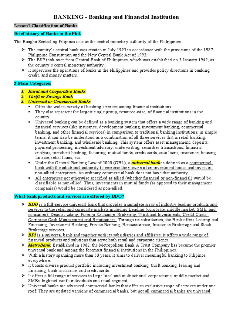 Lesson 1 BANKING - Banking and Financial Institution | PDF | Financial Markets | Banks