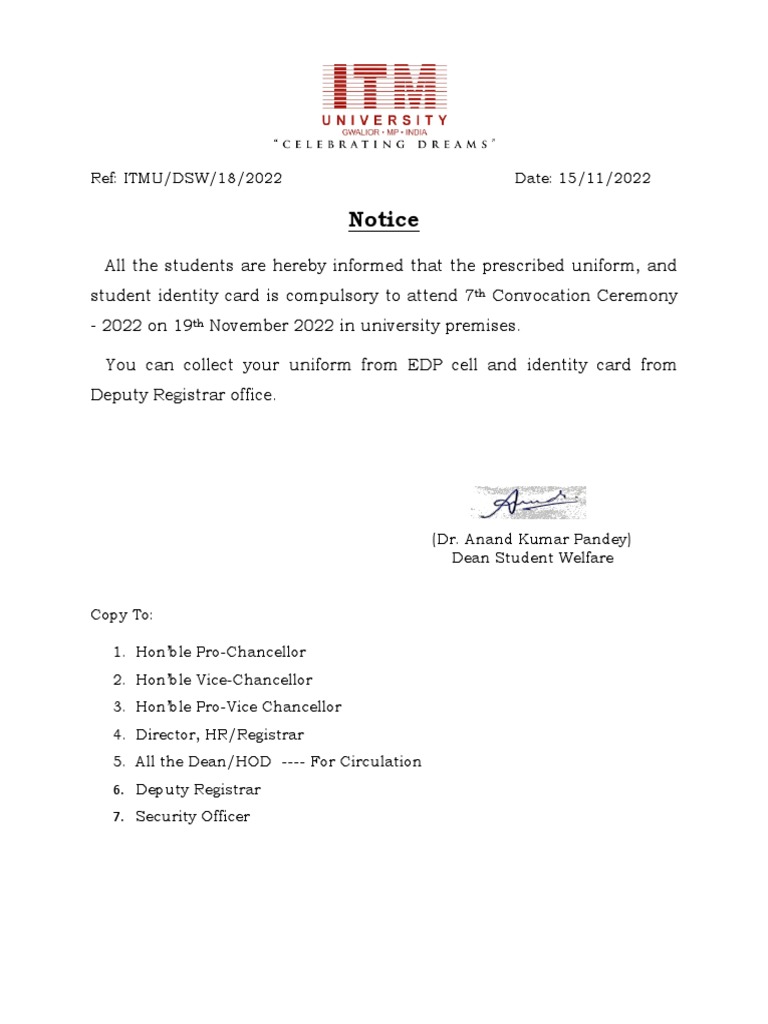 Notice Regarding Mandatory Uniform and Student ID Requirements for Upcoming University ...