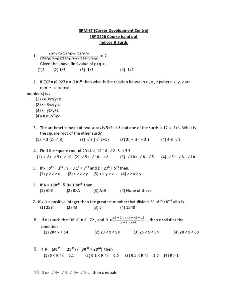 Solving Problems Involving Indices Surds And Their Applications Pdf