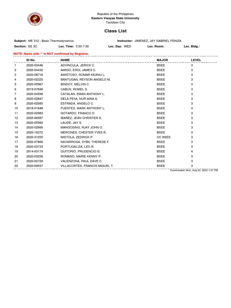 ME 312 EE 3C For AY 2022 2023 SEM 1 Class List | PDF