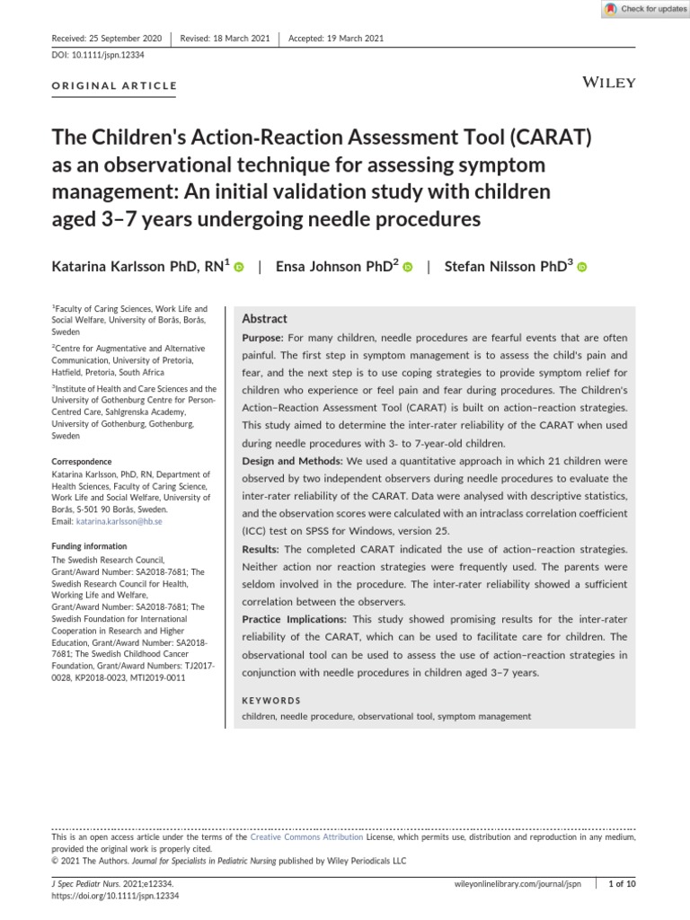 The Children's Action Reaction Assessment Tool (CARAT) | PDF | Pain | Attachment Theory
