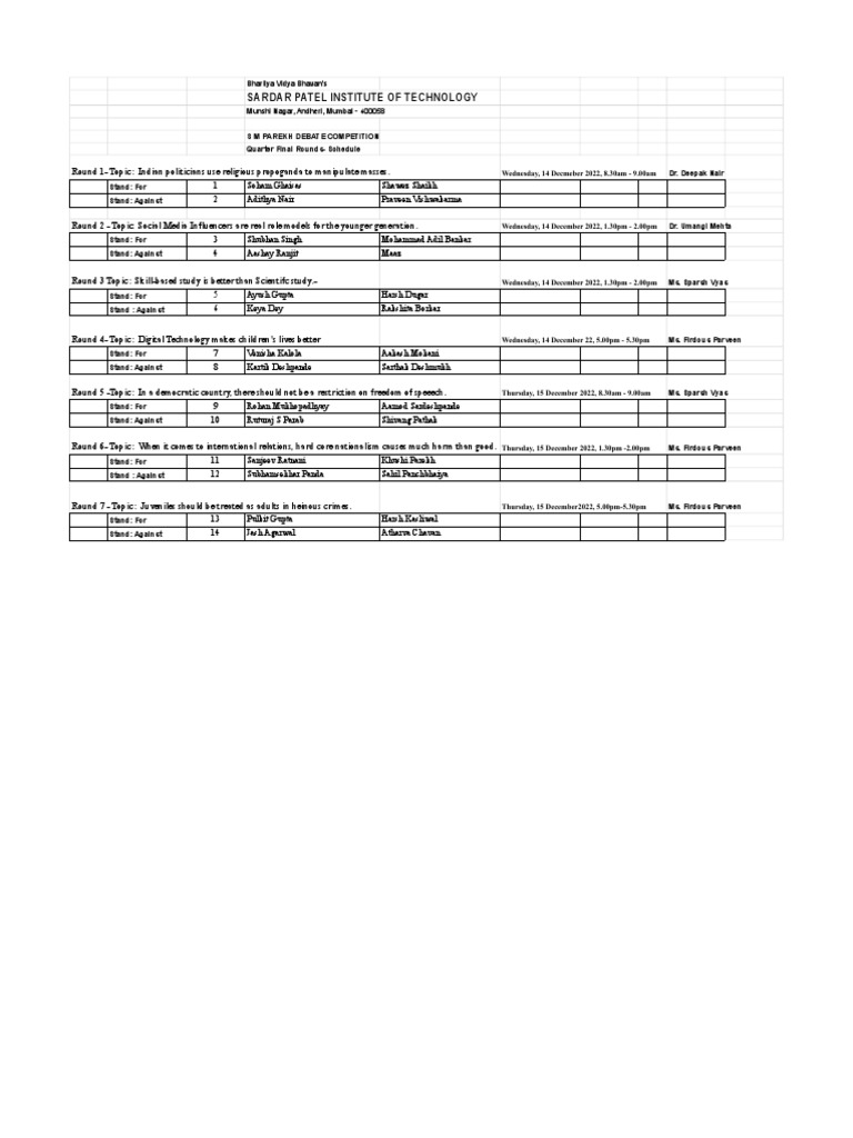 SM Parekh Debate Competition - Teams & Schedule For Quarter Final Rounds | PDF