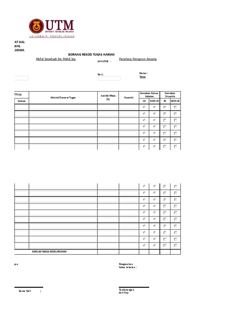 Format Buku Rekod Harian Staf Hema - BRG Rekod Tugas-Lantikan | PDF