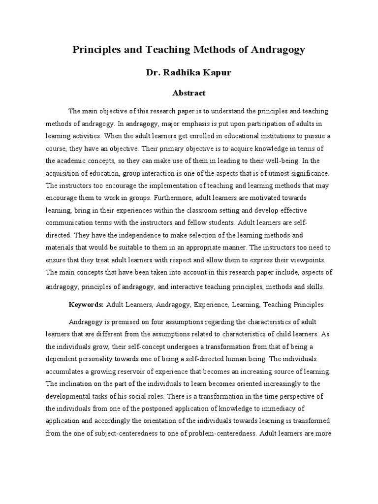 Principles and Teaching Methods of Andragogy: Dr. Radhika Kapur | PDF | Learning | Teaching Method
