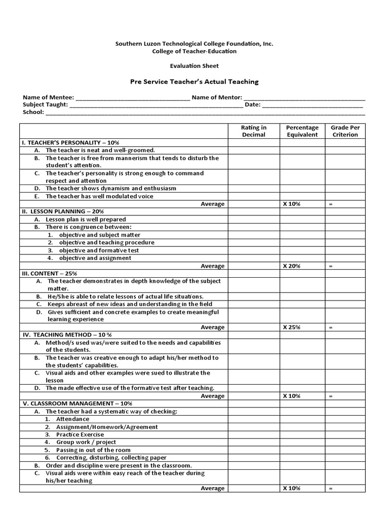 Pre-Service Teacher Evaluation Sheet | PDF | Teachers | Teaching Method