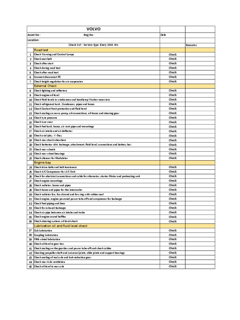 Volvo & MAN C service Check list | PDF | Steering | Engines