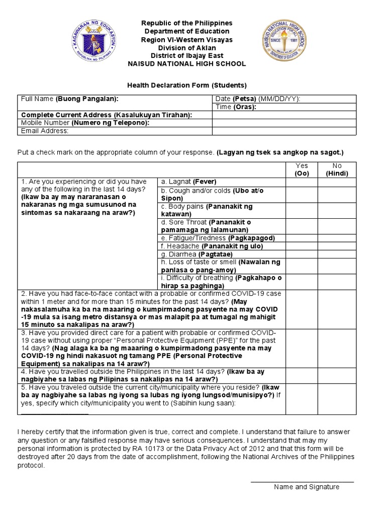 Health Declaration Form Students | PDF | Diseases And Disorders | Health Care