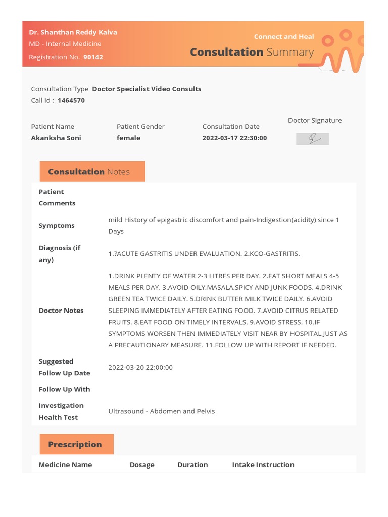 Consultation Summary for Patient Presenting with Epigastric Discomfort and Possible Gastritis ...