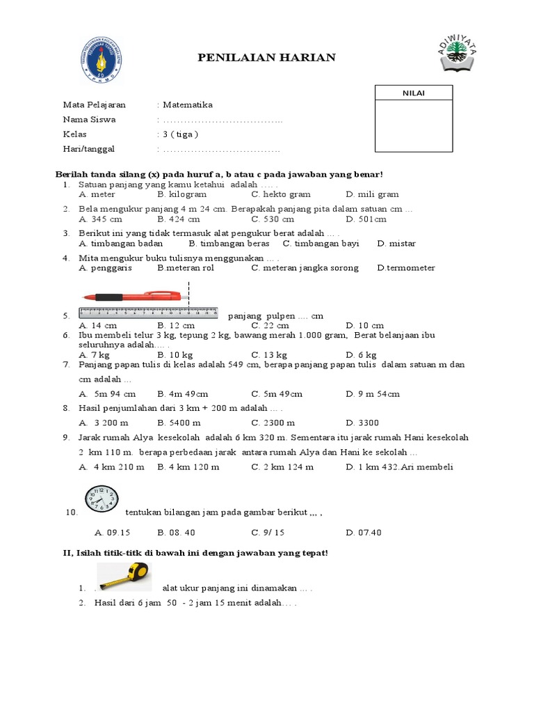 Penilaian Harian Matematika Tema C Kelas 3 | PDF | Griya & Taman