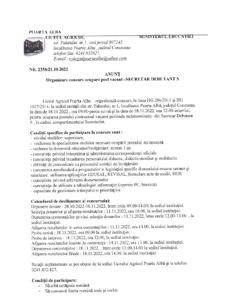 Anunt Angajare Secretar | PDF