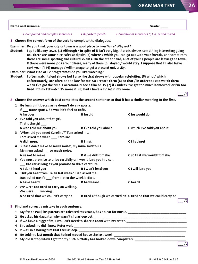 Macmillan - Get 200 - Book 2 - NE - Grammar Test 2A | PDF