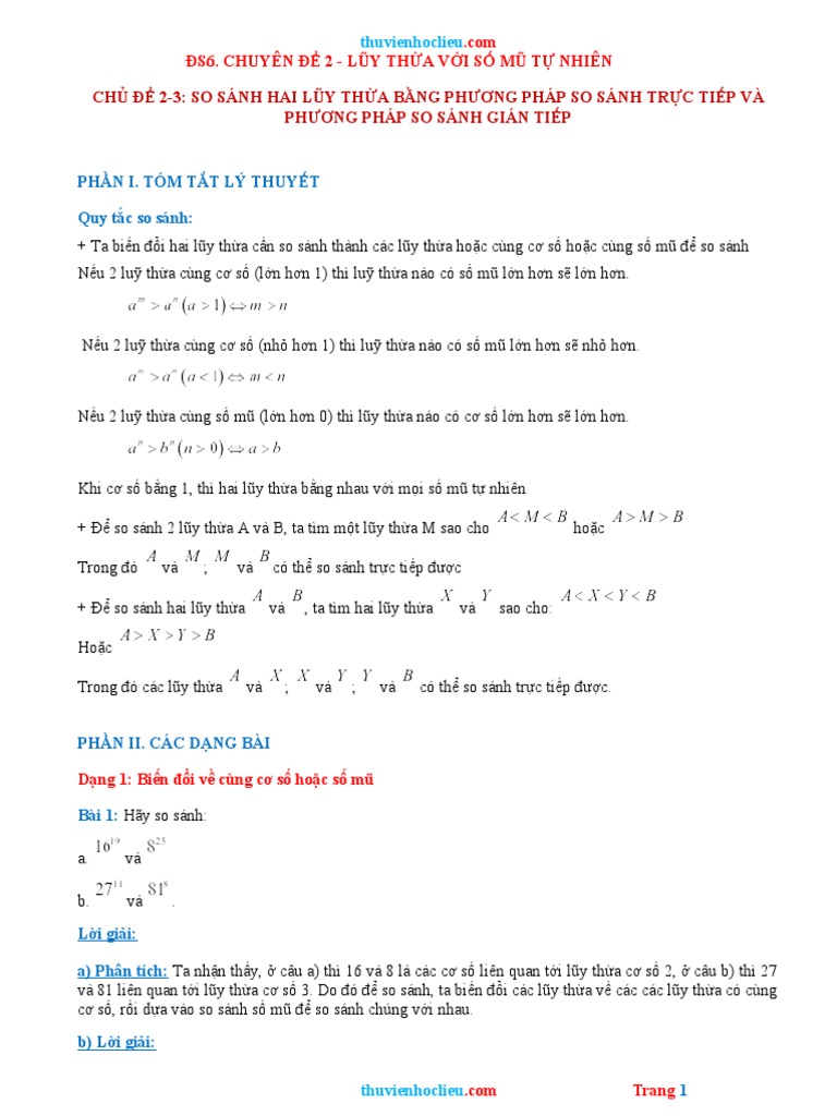 So Hoc 6 Chuyen de 2 Chu de 2 So Sanh Luy Thua Bang Phuong Phap Truc Tiep | PDF