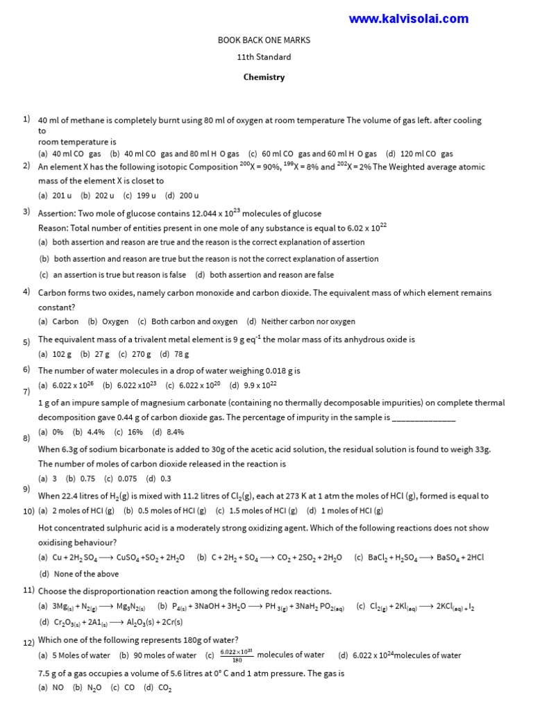 Class 11 Chemistry em - One Mark Questions - K.balu Mahendran | PDF ...