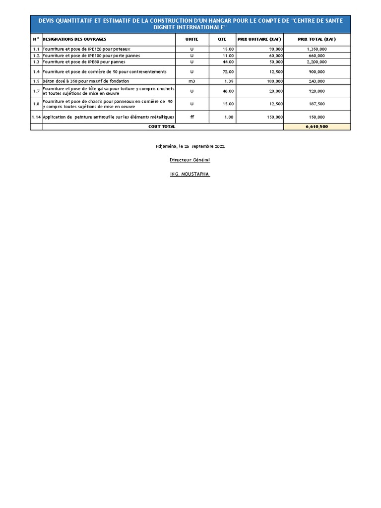 Devis Construction Hangar et Clôture | PDF