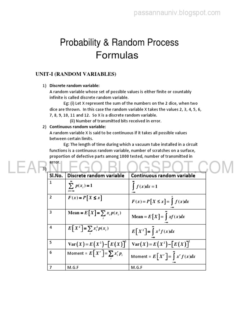 Probability & Random Process Formulas All Units | PDF | Markov Chain | Probability Distribution