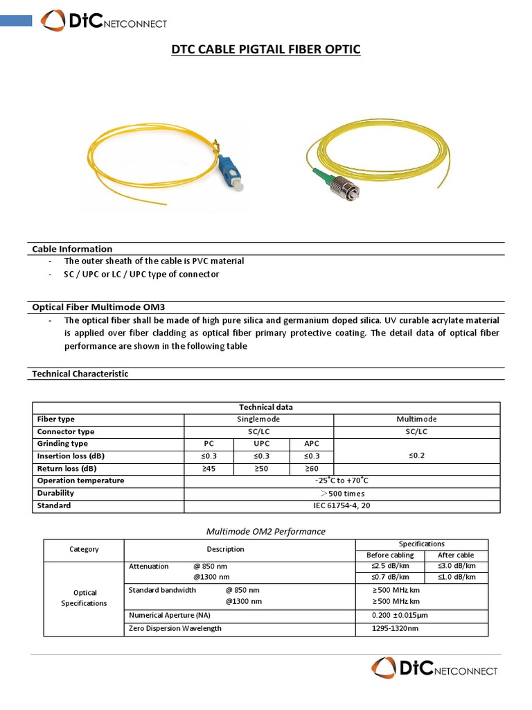 DTC Cable Pigtail Fiber Optic | PDF | Optical Fiber | Equipment