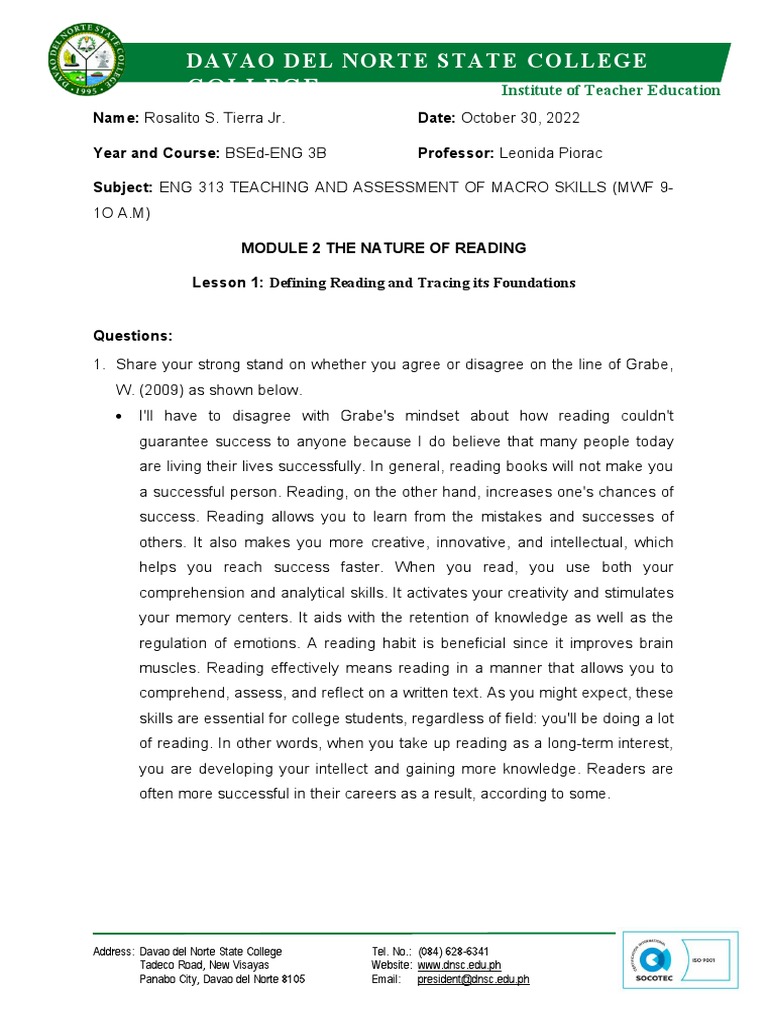 ENG 313 Macro Skills Tierra | PDF | Reading Comprehension | Linguistics