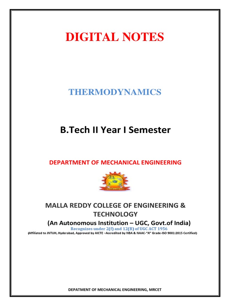 Engineering Thermodynamics Notes for B.Tech | PDF | Temperature | Heat
