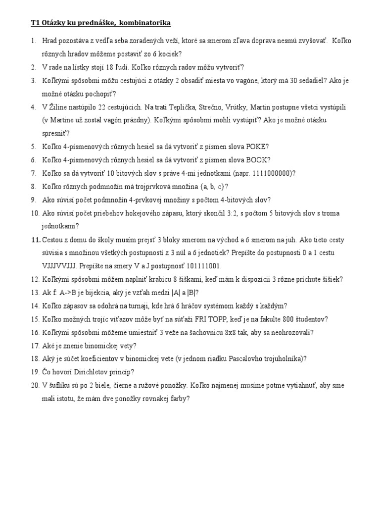 T1 Otazky Prednaska 2021 Kombinatorika | PDF