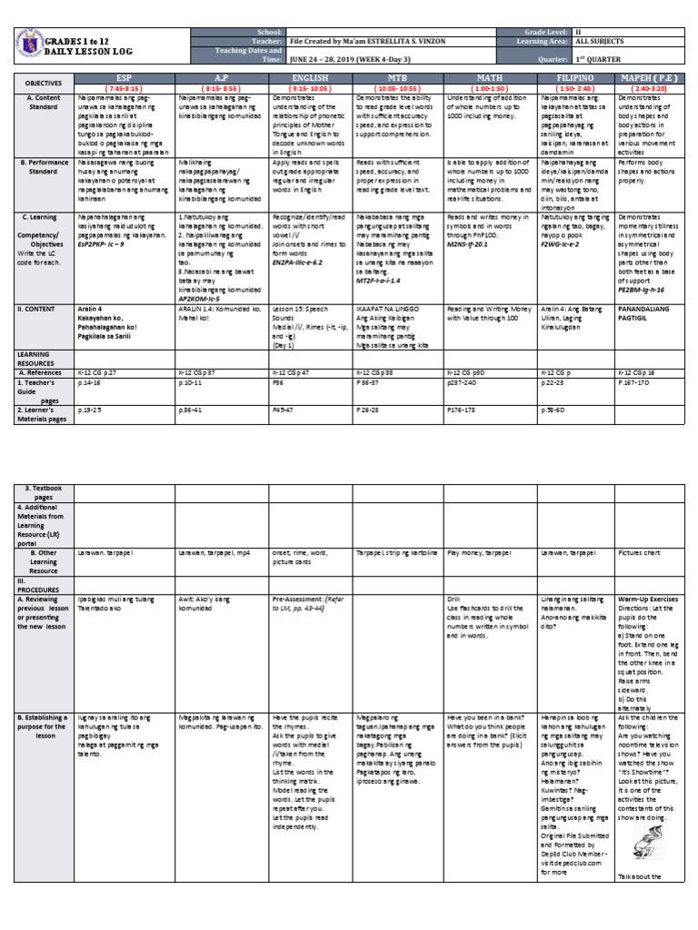 DLL - All Subjects 2 - Q1 - W4 - D3 | PDF | Linguistics | Cognition