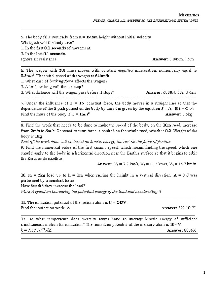 International System of Units: Mechanics Problems and Solutions | PDF ...