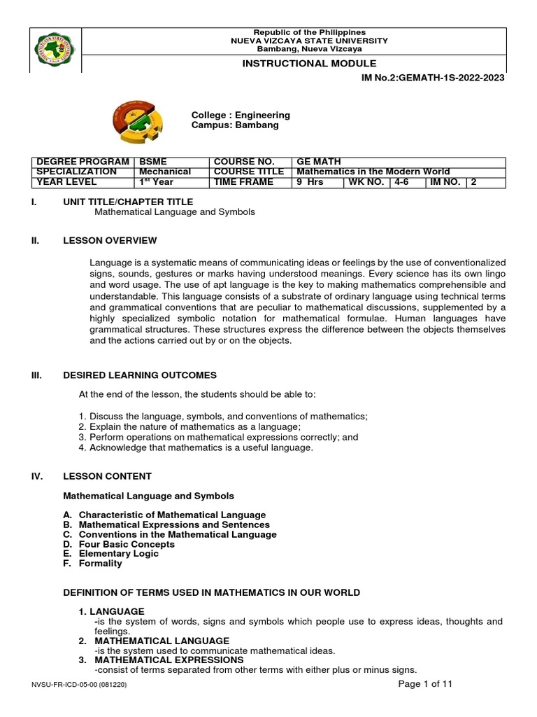 Mathematics in The Modern World IM 2 | PDF | Set (Mathematics) | Logic