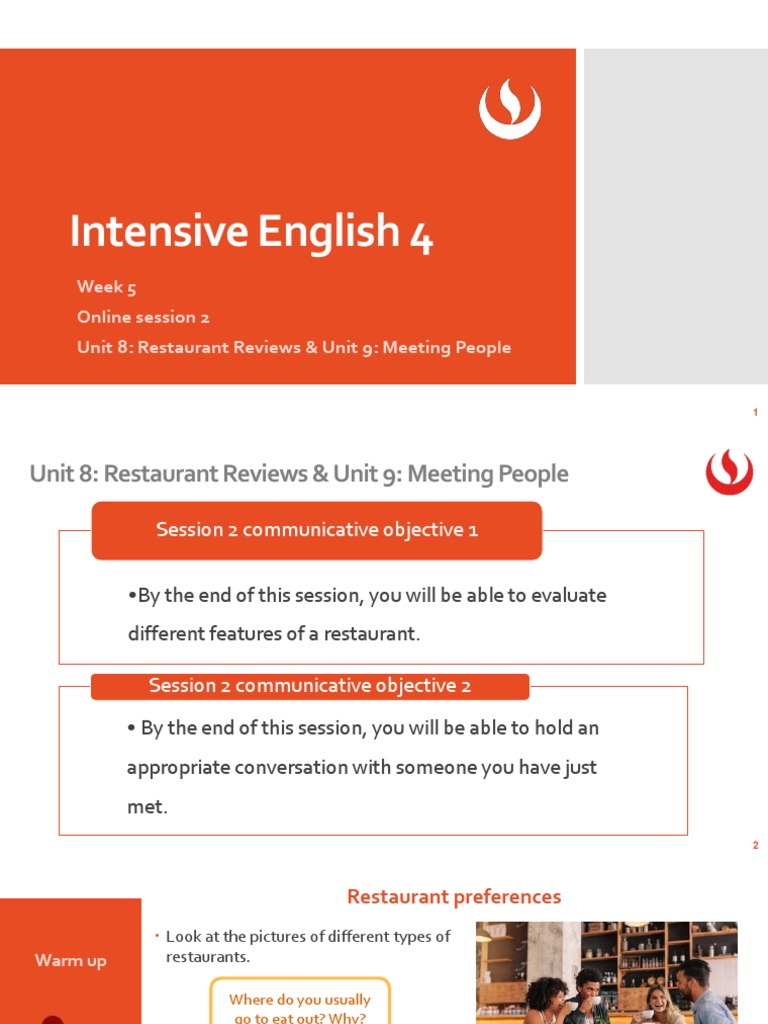 Intensive English 4: Week 5 Online Session 2 Unit 8: Restaurant Reviews & Unit 9: Meeting People ...