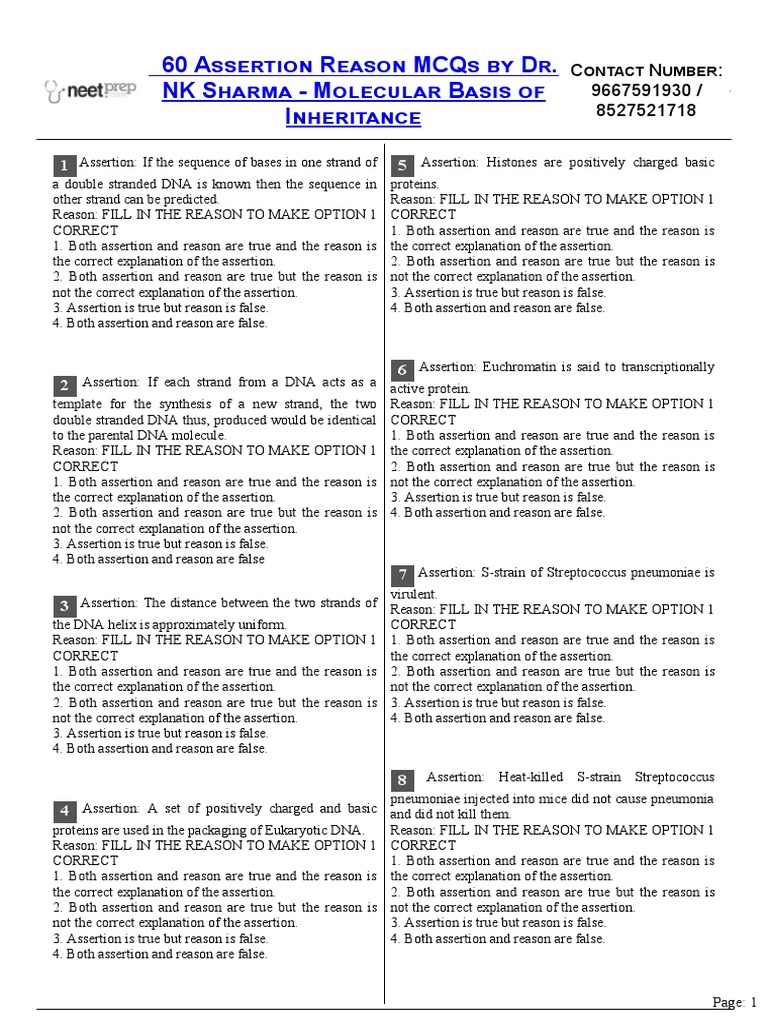 60 Assertion Reason MCQs by DR NK Sharma Molecular Basis of Inheritance | PDF | Translation ...