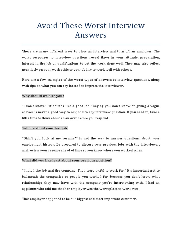 Avoid These Worst Interview Answers | PDF Avoid These Worst Interview Answers | PDF