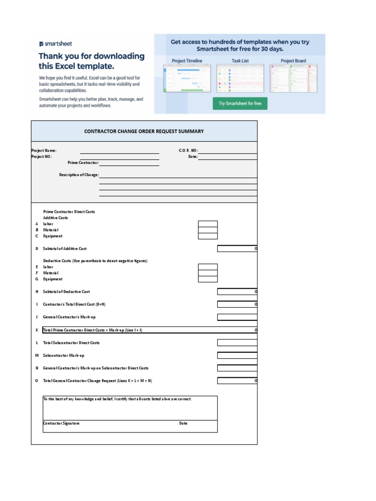 Excel Construction Project Management Change Order Request Summary ...