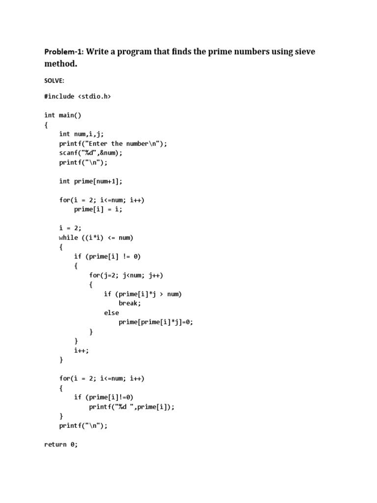 Problem 1 Write A Program That Finds The Prime Numbers Using Sieve