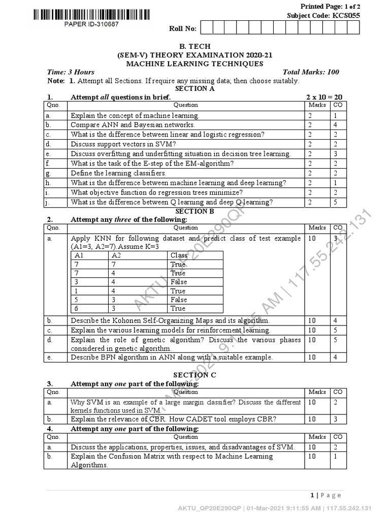 Machine Learning Techniques Kcs 055 | PDF | Machine Learning | Theoretical Computer Science