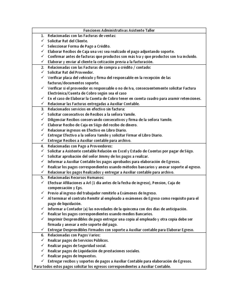 Funciones Asistente Taller y Auxiliar Contable | PDF