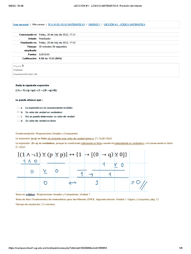 LECCIÓN #1 - LÓGICA MATEMÁTICA - Revisión Del Intento | PDF | Proposición | Lógica