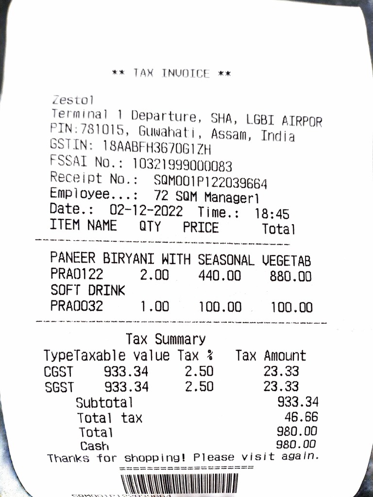 Food Bill Airport | PDF