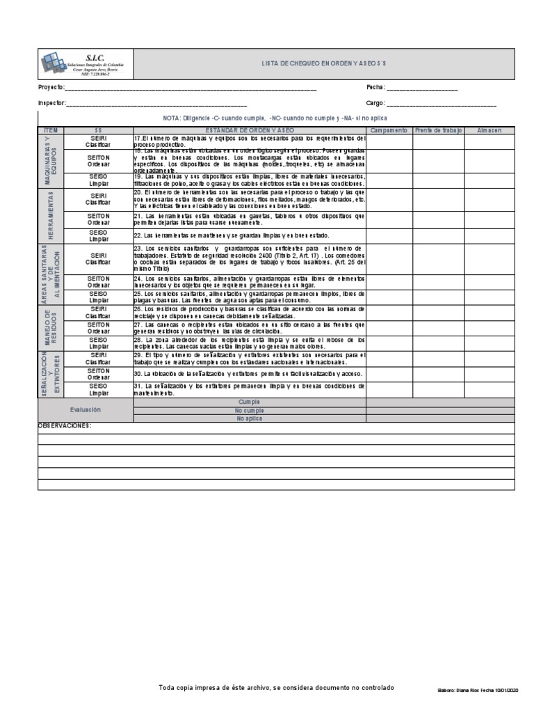 Check List Orden y Aseo | PDF