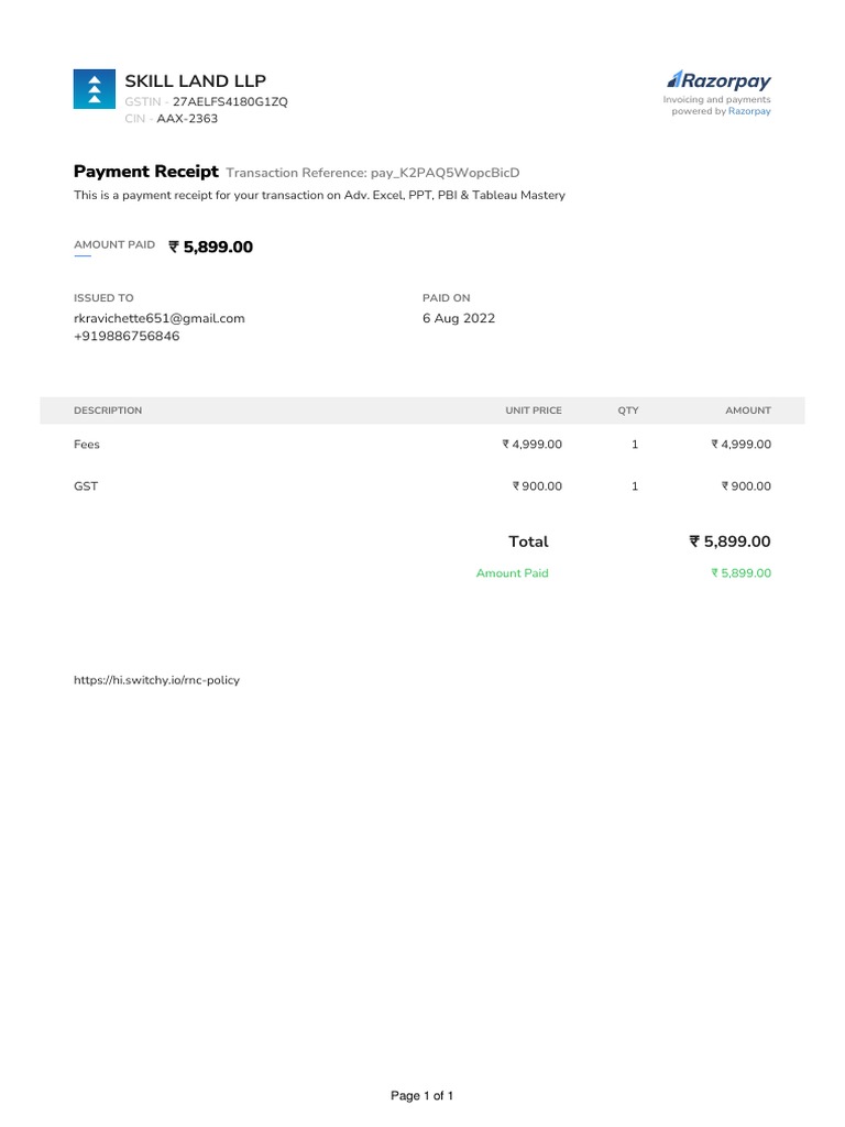Receipt Pay - K2PAQ5WopcBicD From Skill Nation (Paid) | PDF