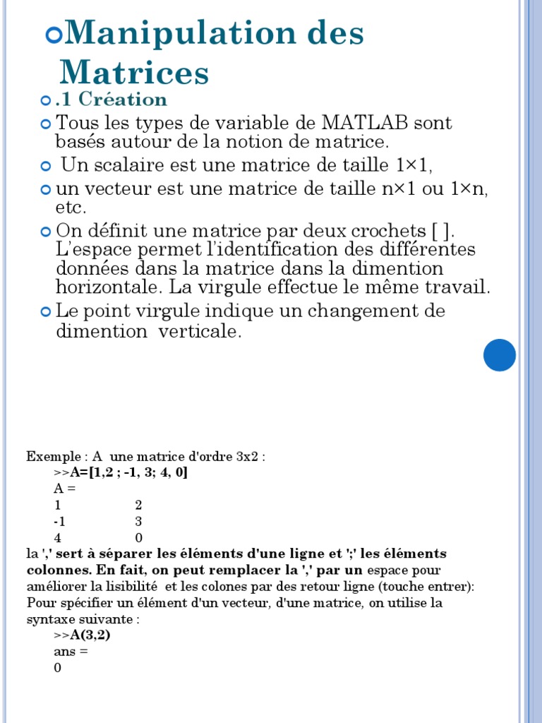 Manipulation des Matrices dans MATLAB | PDF | Matrice (Mathématiques ...