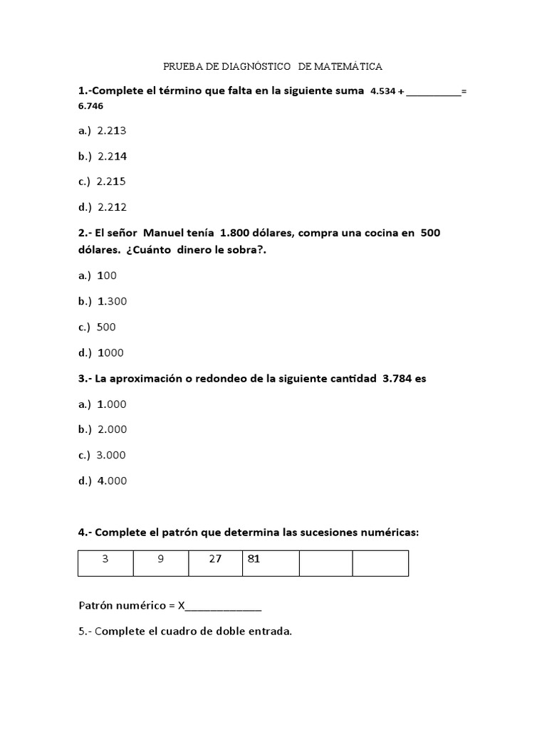 Prueba de Diagnóstico de Matemática | PDF